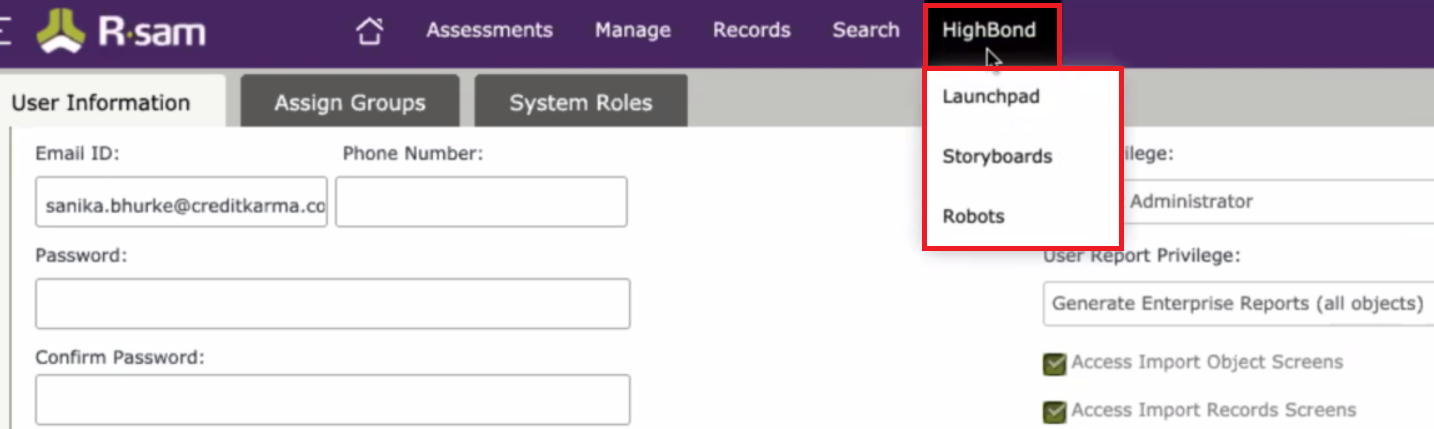 RSAM users can access HighBond Platform through RSAM module