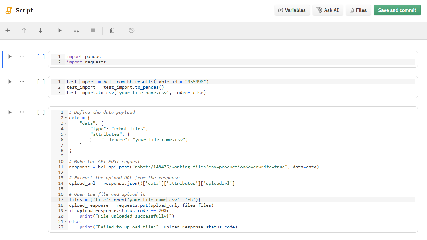 How to Upload a HighBond/Workflow robot working file using Python/HCL script
